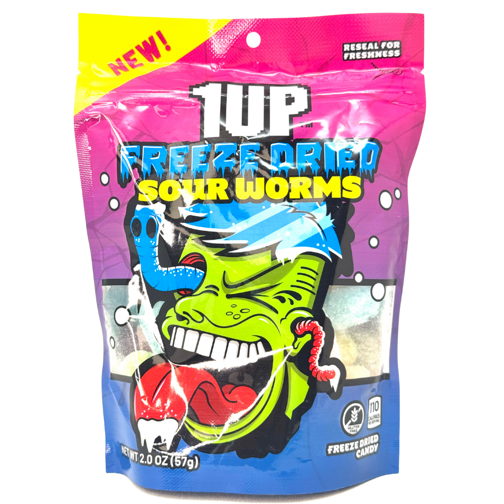 1UP Freeze Dried Sour Worms 2oz - 1 Bag | Candy District